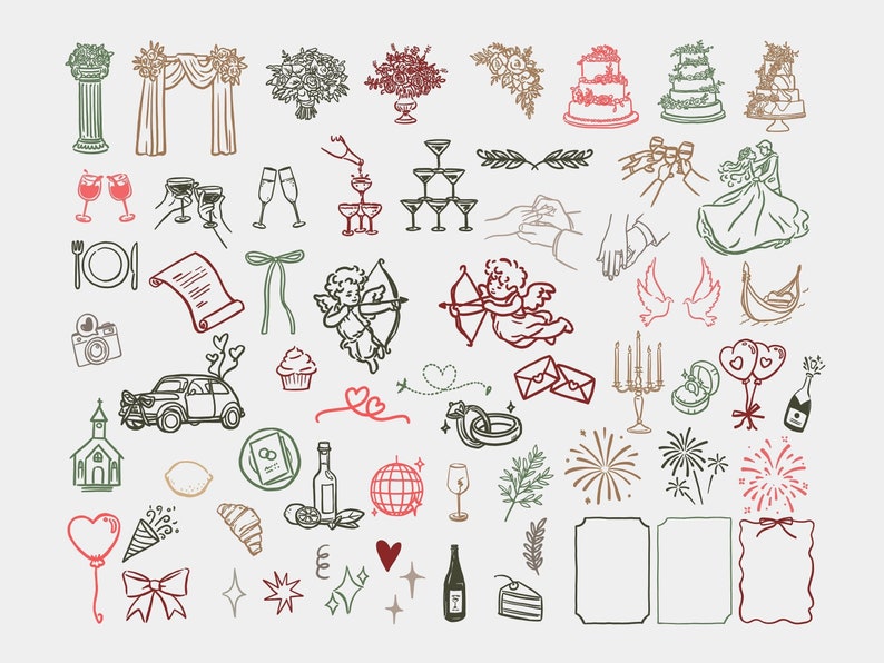 Hand-drawn Wedding Icons Elements, Wedding Vector, Minimalist Line Art ...