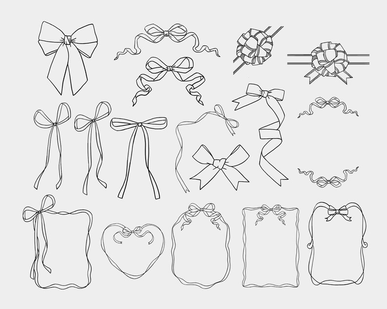Hand Drawn Bows and Ribbon Frames Collection Coquette Elements ...