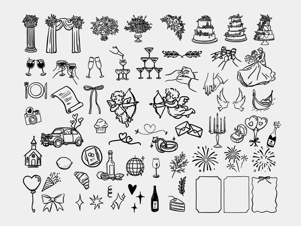 Hand-drawn Wedding Icons Elements, Wedding Vector, Minimalist Line Art ...