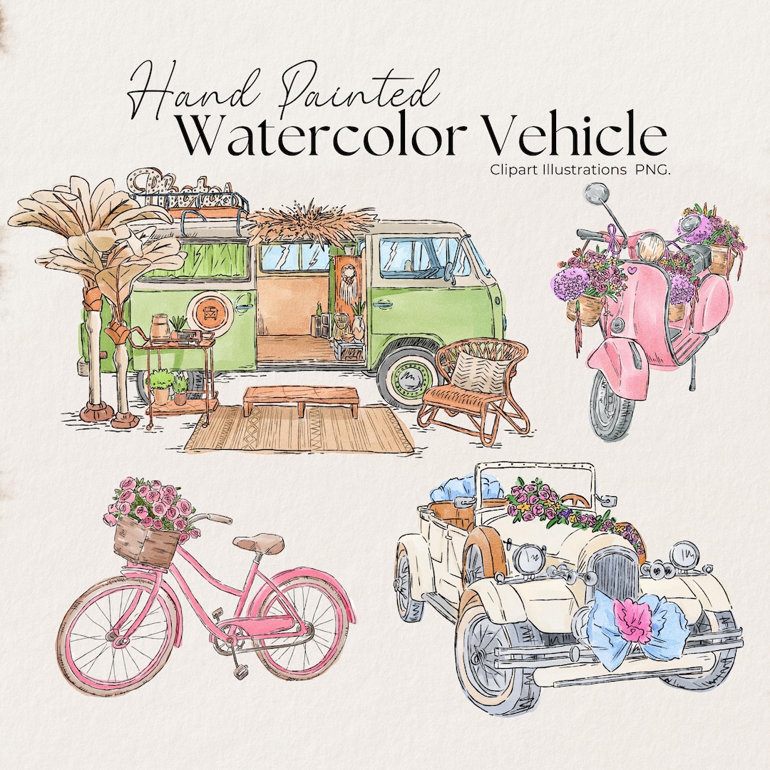 Watercolor Vehicle Clipart: Vintage Car, Camper, Bike Pngs (digital ...