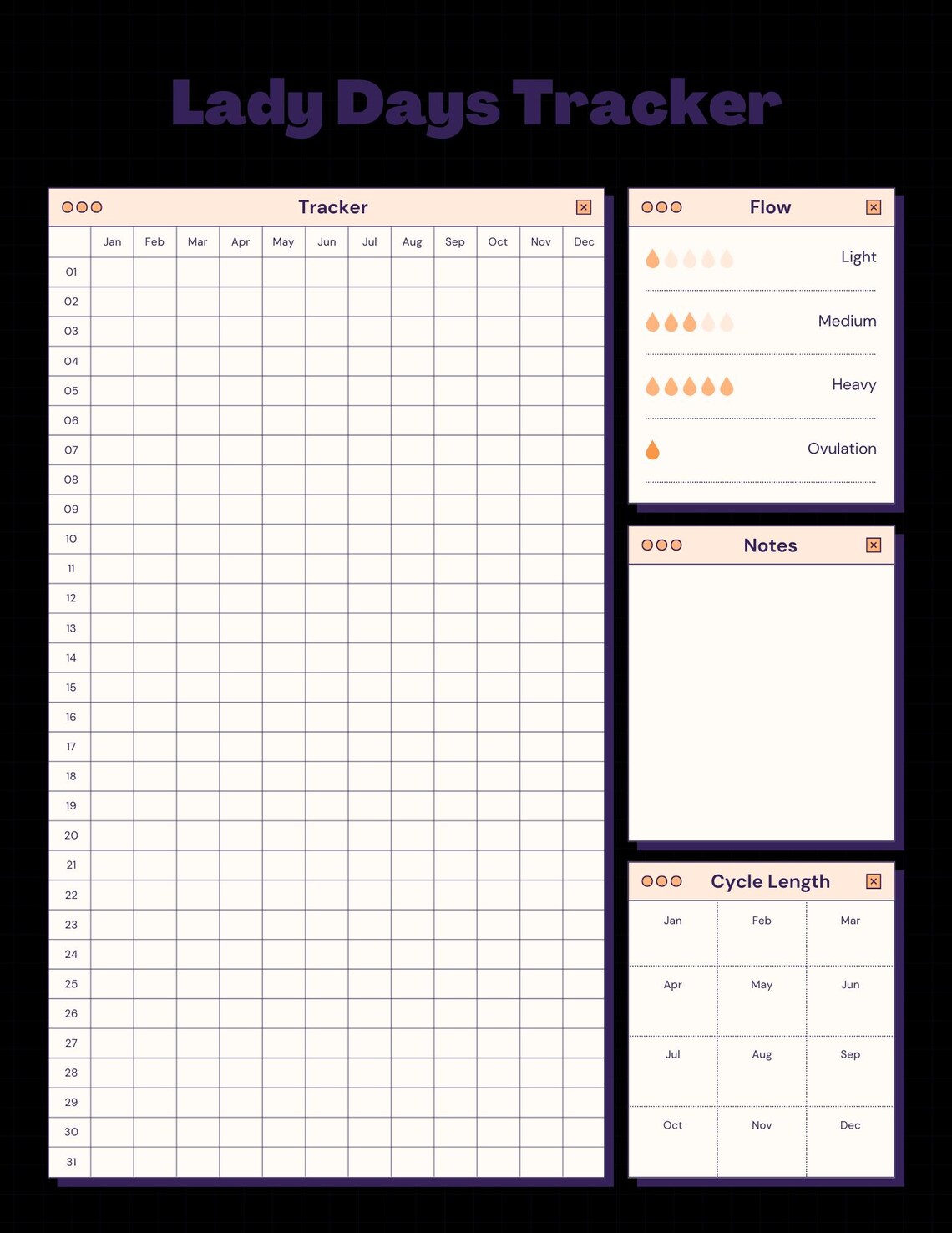 Period Tracking Chart Lady Day Tracker Printable Helpful Cycle Chart ...