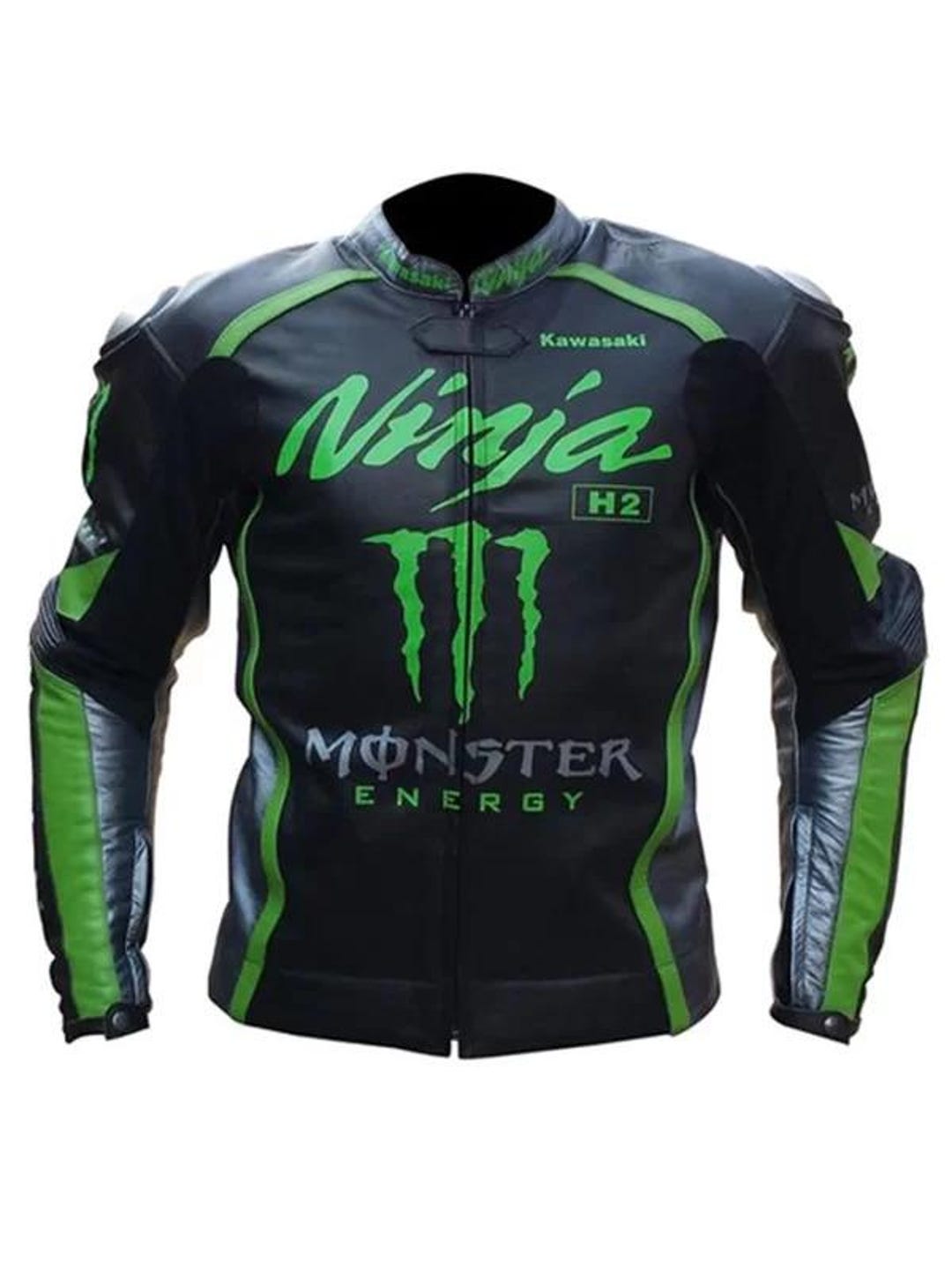 Men's Kawasaki Ninja H2 Monster Energy Motorcycle Cowhide Leather Biker ...