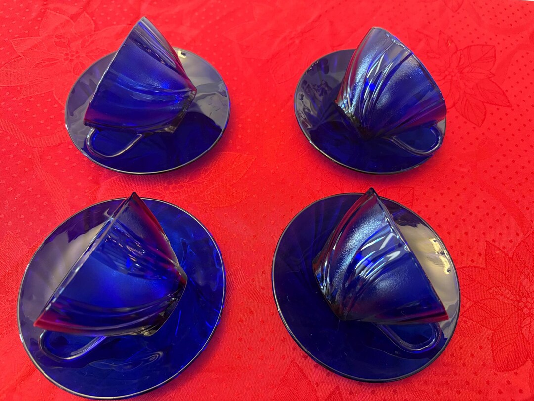 Vintage Luminarc Cobalt Blue Glass Cup and Saucer France Swirl Pattern ...
