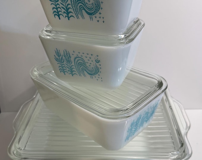Vintage Pyrex Amish Butterprint Refrigerator Set – Turquoise on White ...