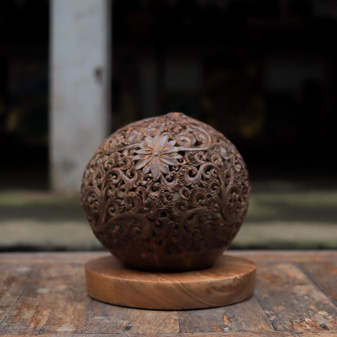 Handcarved Coconut Shell Table Lamp: Balinese Tree of Life Design - Etsy