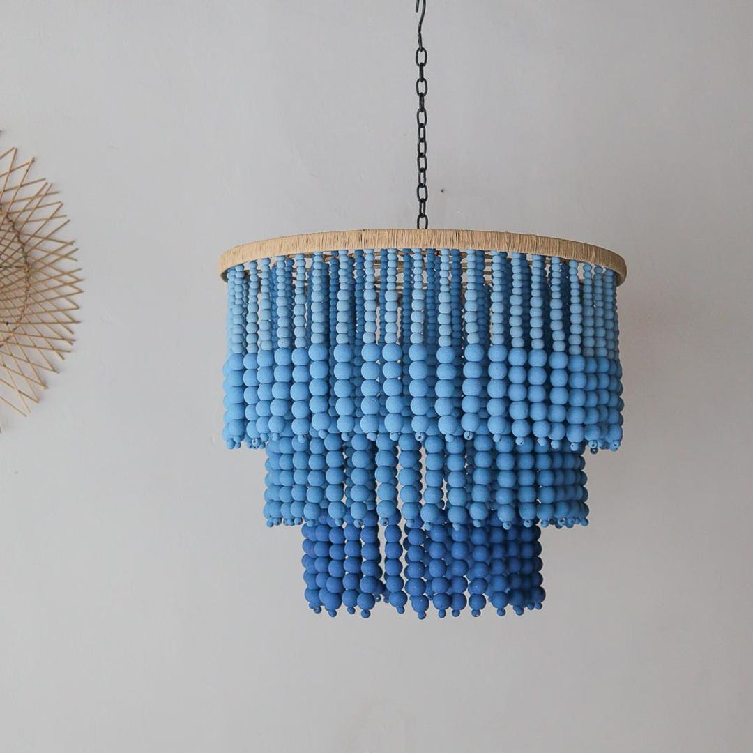 Blue Beaded Chandelier,wood Beaded Chandelier Blue in Tiered Design ...