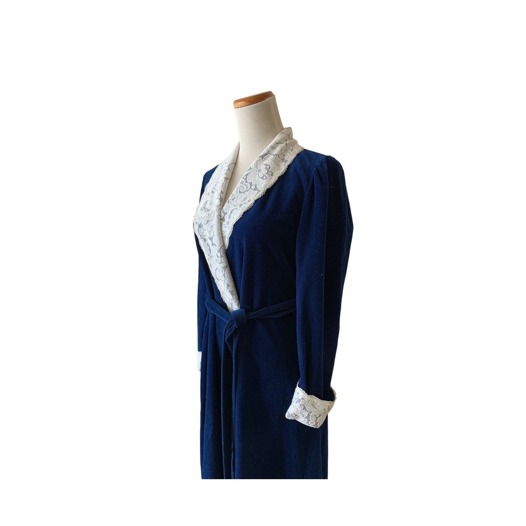 Vintage Vanity Fair Long Navy Blue Velour Wrap Robe With Lace Collar ...