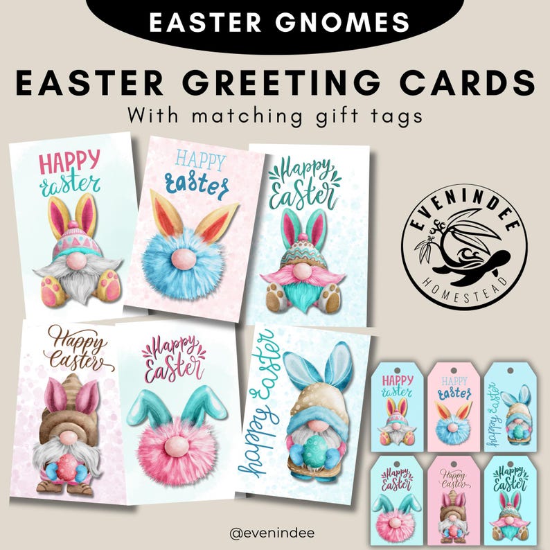 Printable Cute Easter Gnome Greeting Cards and Gift Tags, Easter Cards ...