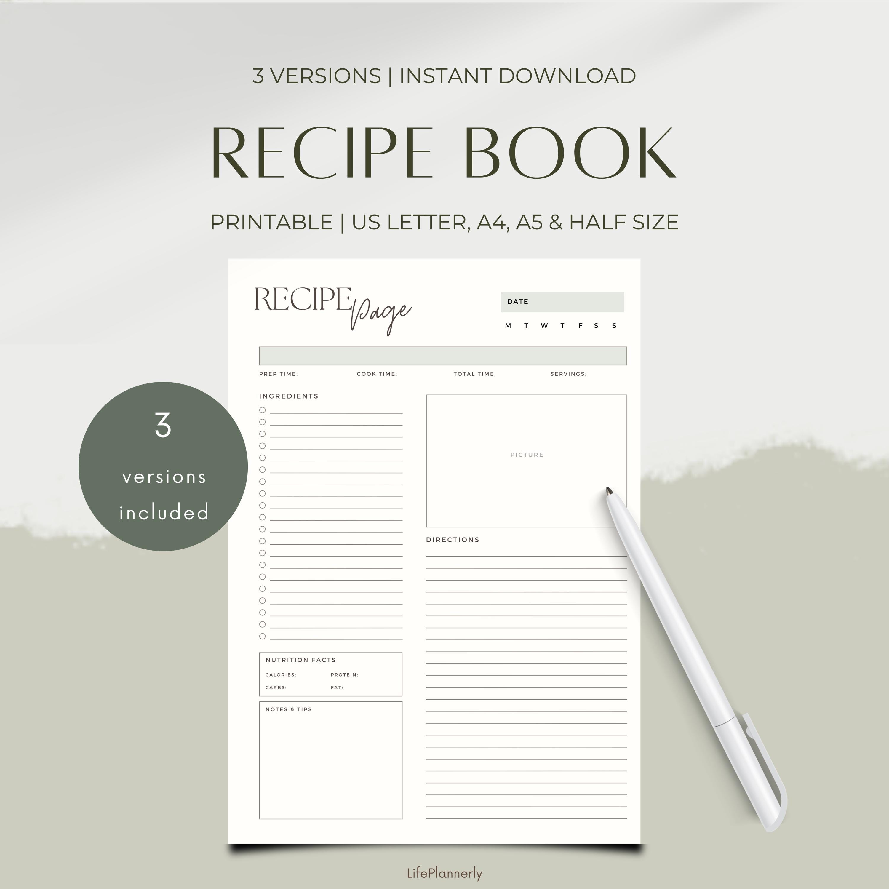 Recipe Book Template Printable, Blank Recipe Page, Cook Book Journal ...