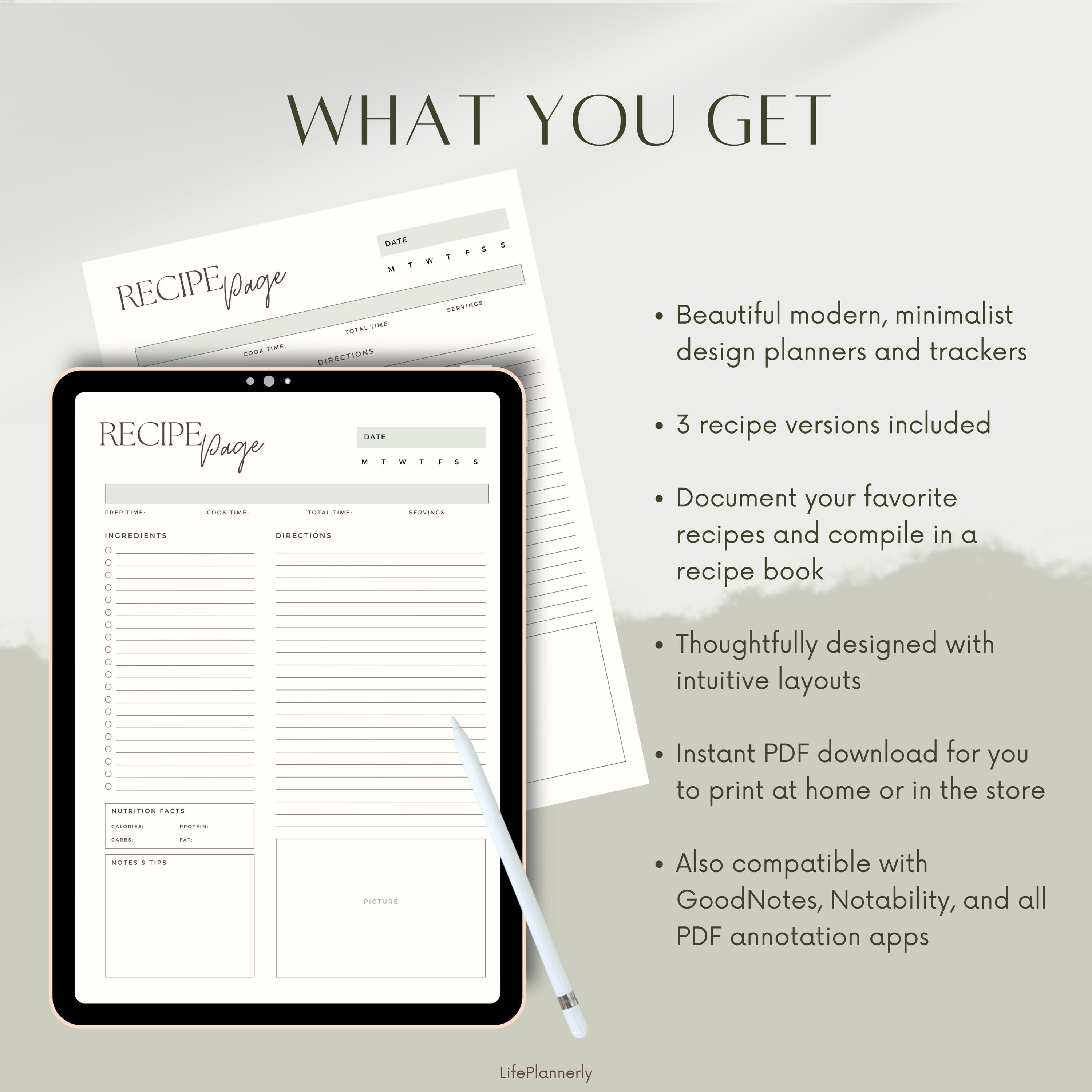 Recipe Book Template Printable, Blank Recipe Page, Cook Book Journal ...