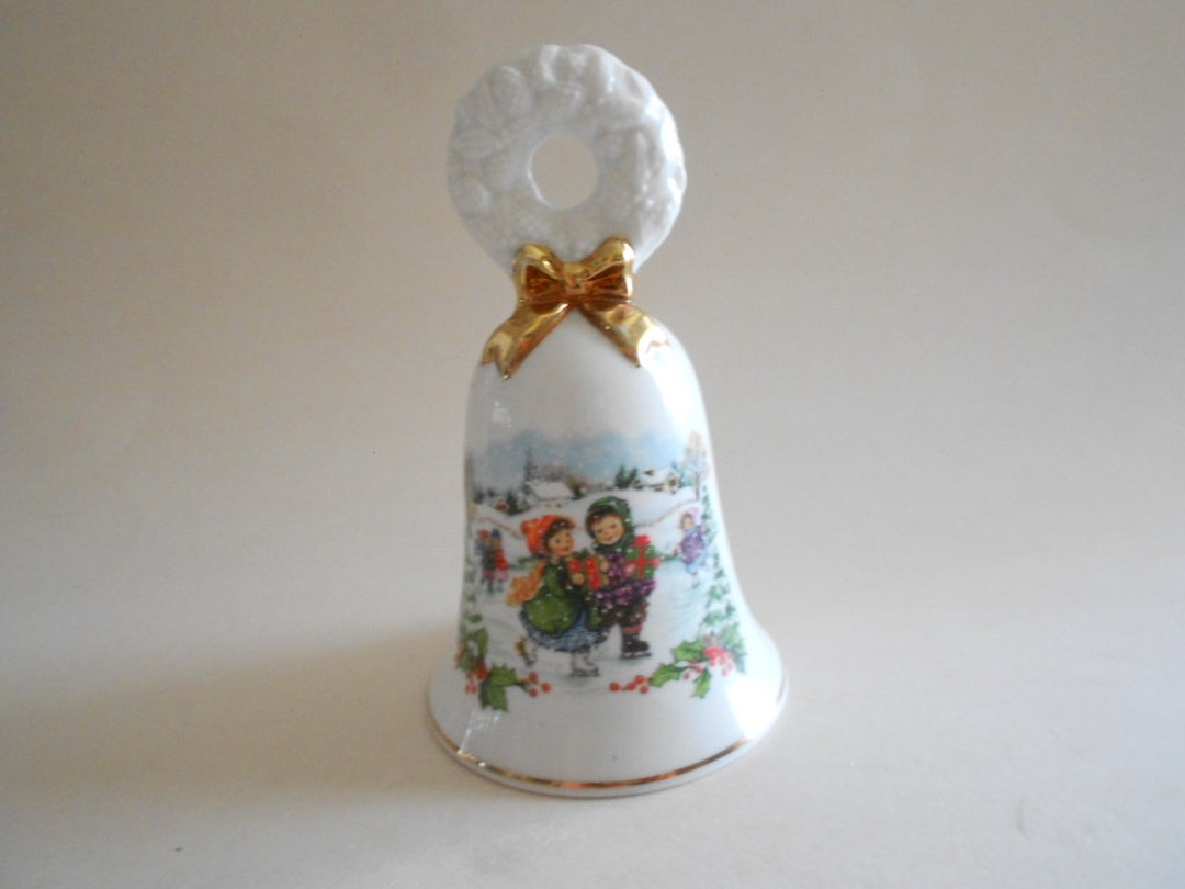 Vintage Avon Christmas Bell 1986: Children Ice Skating, Wreath Handle ...