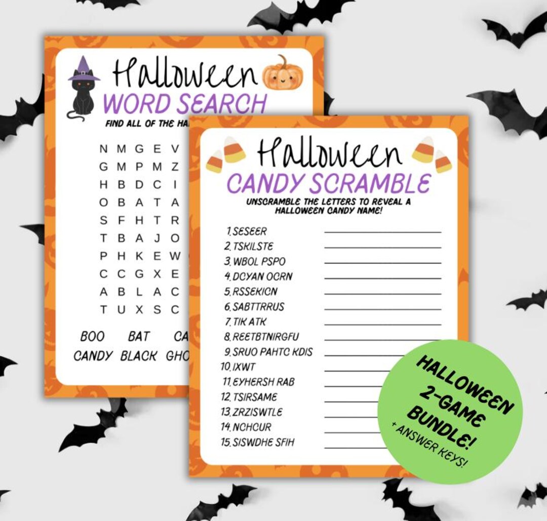 Spooky Halloween 2-game Bundle Printable Word Search Candy Scramble ...