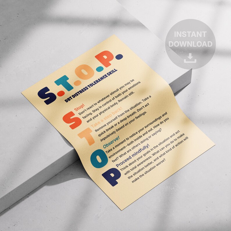 STOP Technique, DBT Worksheet, Coping Skills, Mental Health Print ...