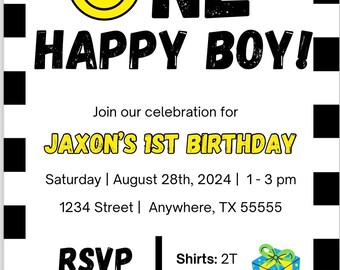 Skateboard Birthday Invitation, Smiley Invitation, Kids Birthday ...