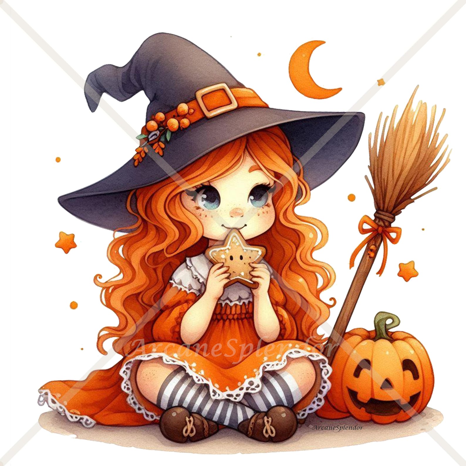 Adorable Ginger Witch Digital Art - Halloween Stars & Moon Home Decor ...