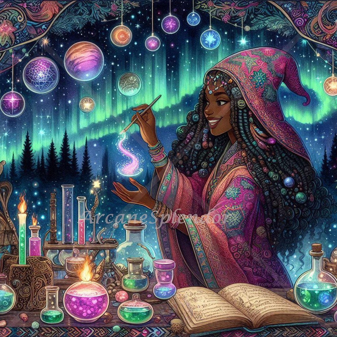 Magical Female Alchemist Art Print - Purple Robes, Braided Hair, Forest ...