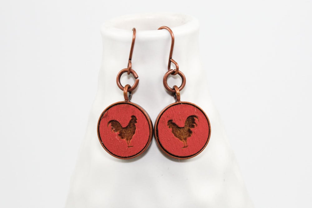 Rooster Dangle Earrings Laser Engraved Wood With Chicken | Etsy