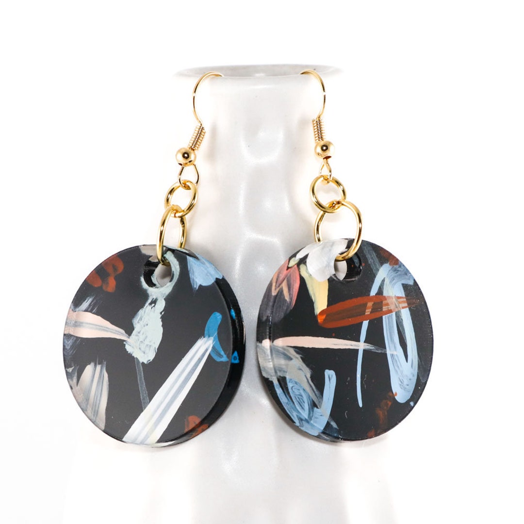 Abstract Painted Acrylic Dangle Earrings Round Style Studio Graffiti ...
