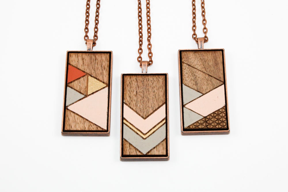 Painted Geometric Pendant Laser Cut Wood Necklace Choose | Etsy