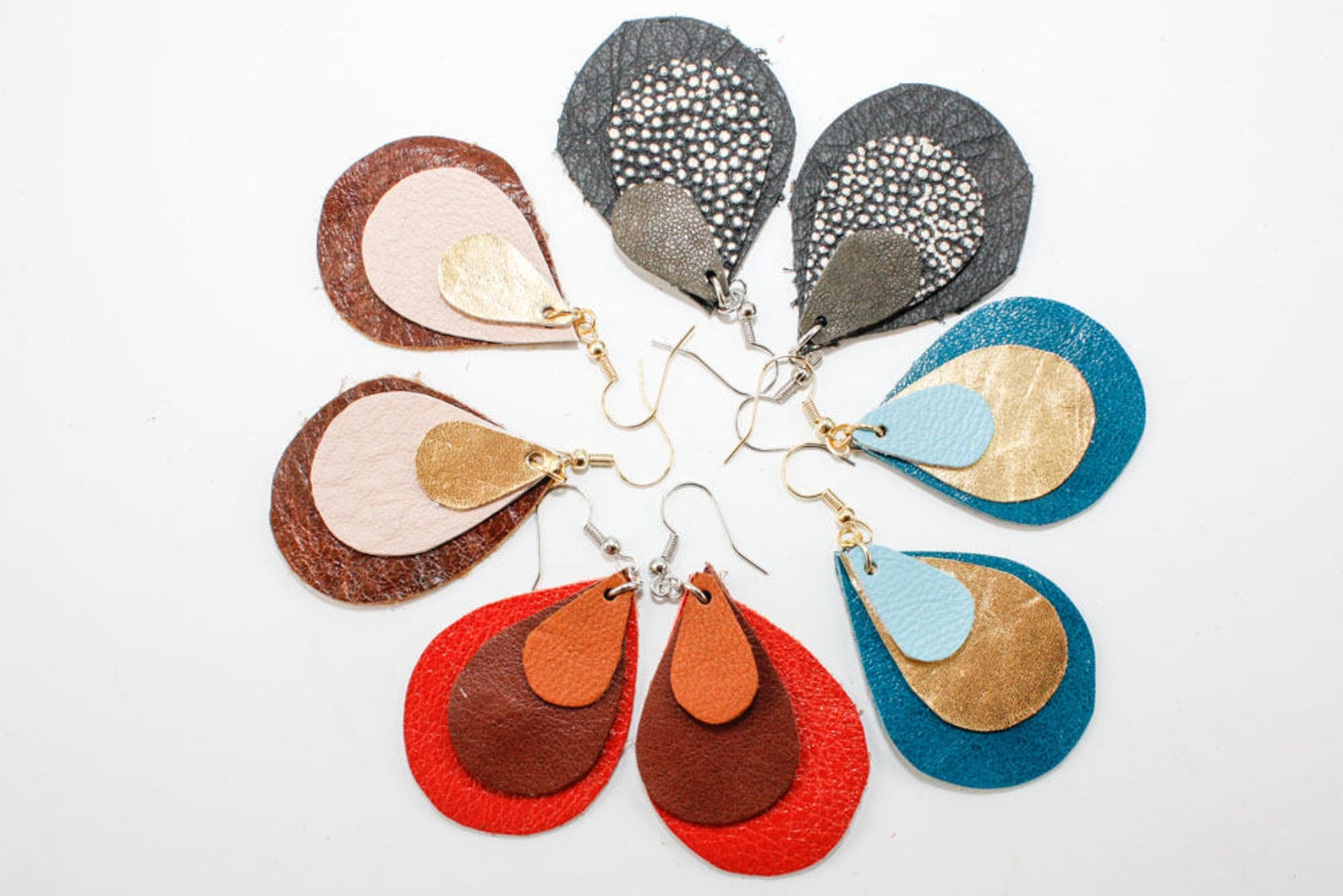 Leather Earrings 3 Layer Teardrop choose Your Color / - Etsy