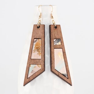 Modern Abstract Dangle Earrings - Asymmetrical Wood Earring With Pale ...