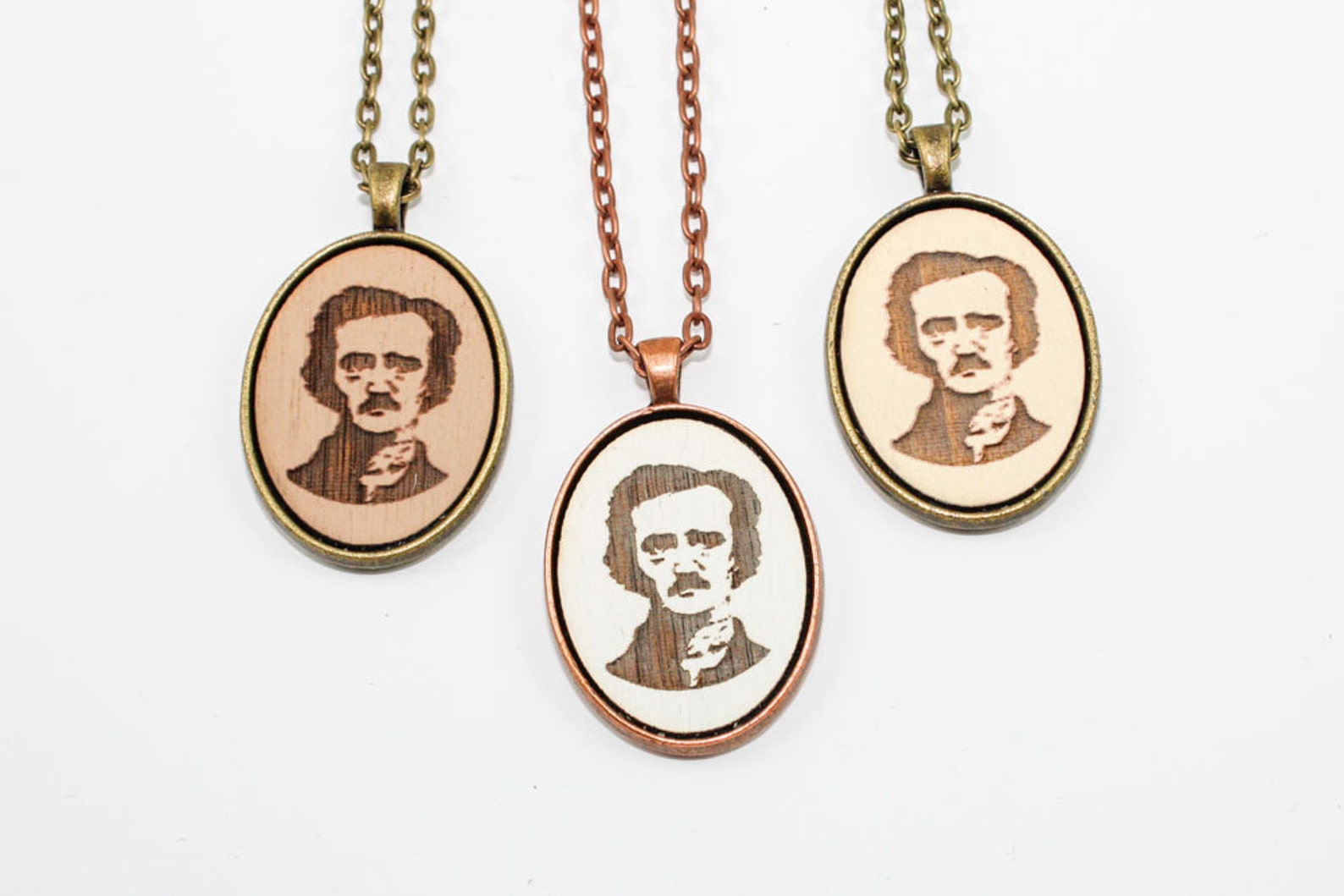 Edgar Allan Poe Pendant Necklace Laser Engraved Wooden Cameo Featuring ...