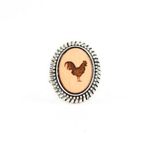 Rooster Ring Laser Engraved Wood in Adjustable Oval Setting choose Your ...