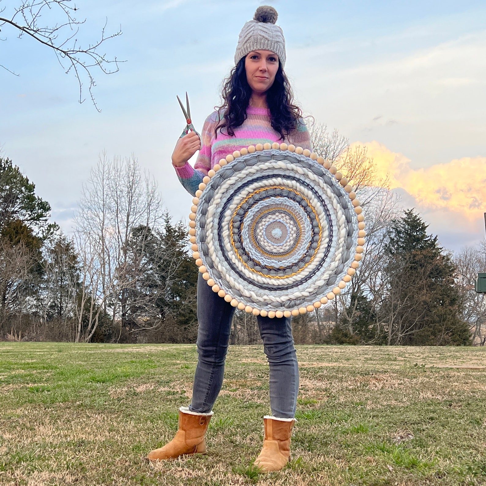 Large Circular Weaving Round Fiber Art Pale Blue and Mustard - Etsy
