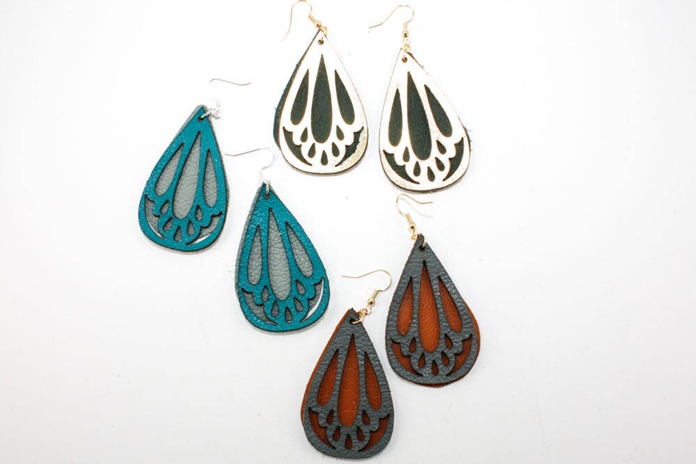 Laser Cut Leather Dangle Earrings Elegant Teardrop Pattern - Etsy Australia