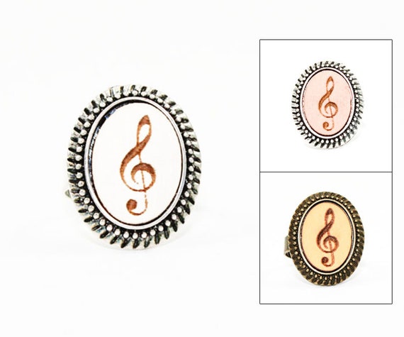 Treble Clef Ring Laser Engraved Wood in Adjustable Oval | Etsy
