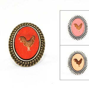 Rooster Ring Laser Engraved Wood in Adjustable Oval Setting choose Your ...