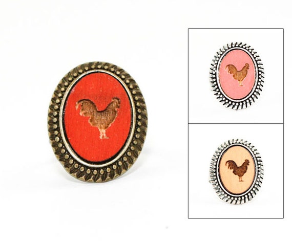 Rooster Ring Laser Engraved Wood in Adjustable Oval Setting | Etsy