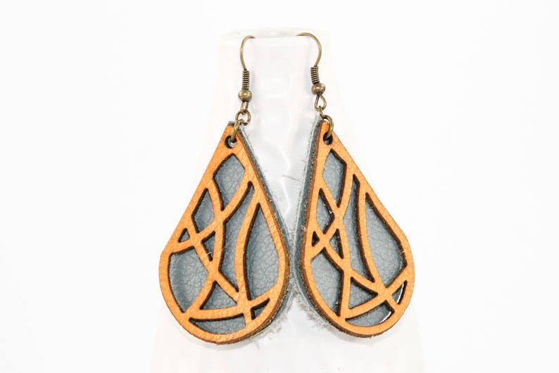 Laser Cut Leather Earrings Geometric Teardrop Pattern - Etsy