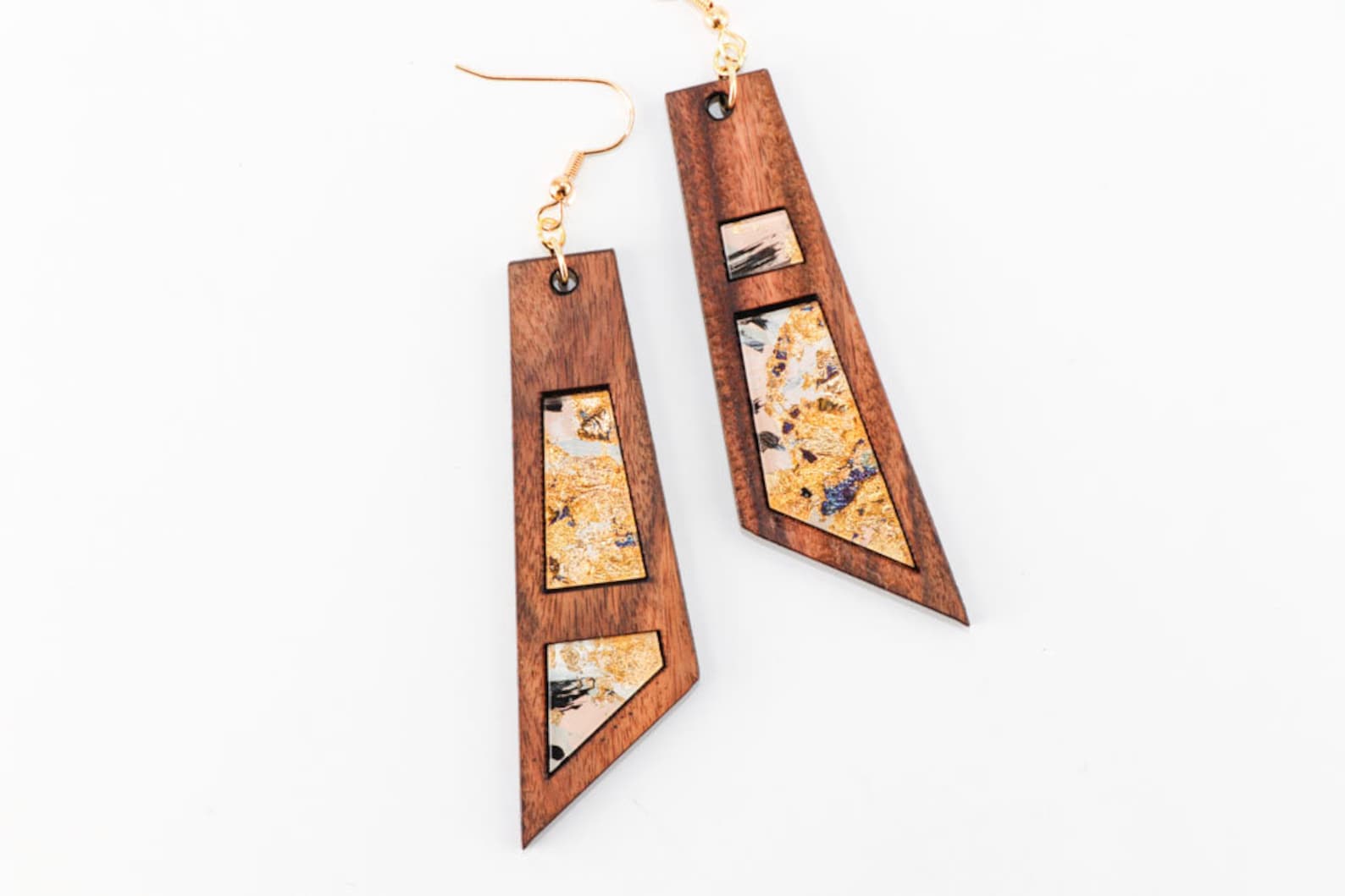Modern Abstract Dangle Earrings - Asymmetrical Wood Earring With Pale ...