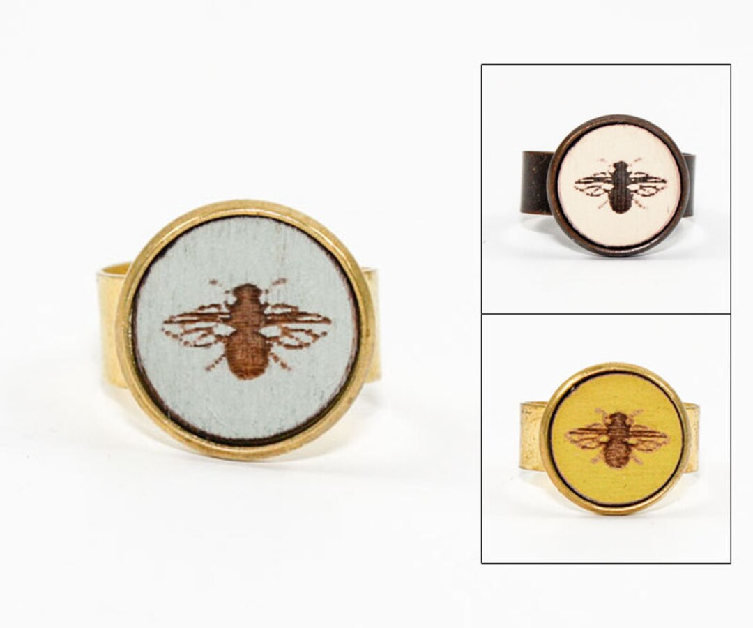 Bee Ring Insect Jewelry Laser Cut Engraved Wood in Adjustable Setting ...
