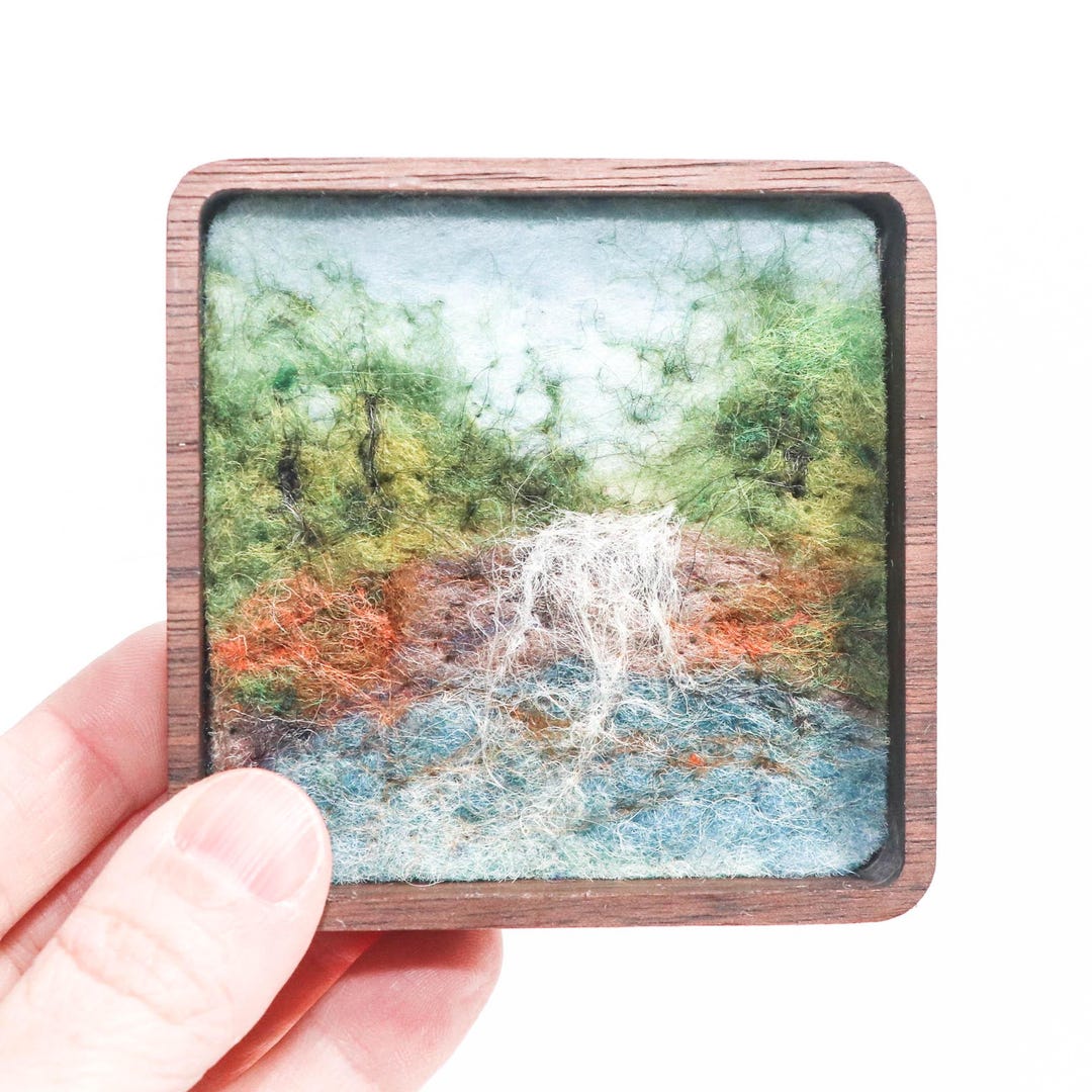 Mini Needle Felted Wool Landscape Painting, Forest Waterfall (3x3) - Etsy