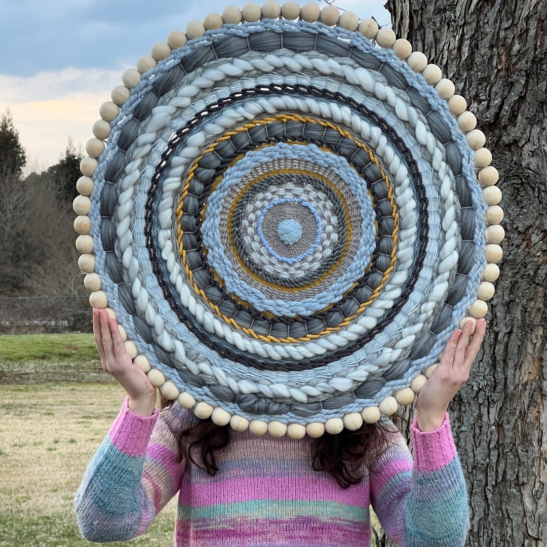 Large Circular Weaving Round Fiber Art Pale Blue and Mustard - Etsy