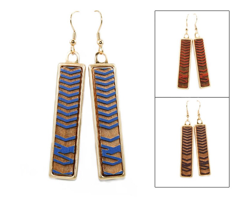 Wood Dangle Earrings Chevron Pattern Laser Engraved Brass Etsy