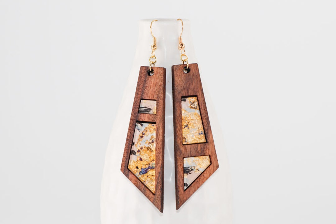 Modern Abstract Dangle Earrings - Asymmetrical Wood Earring With Pale ...