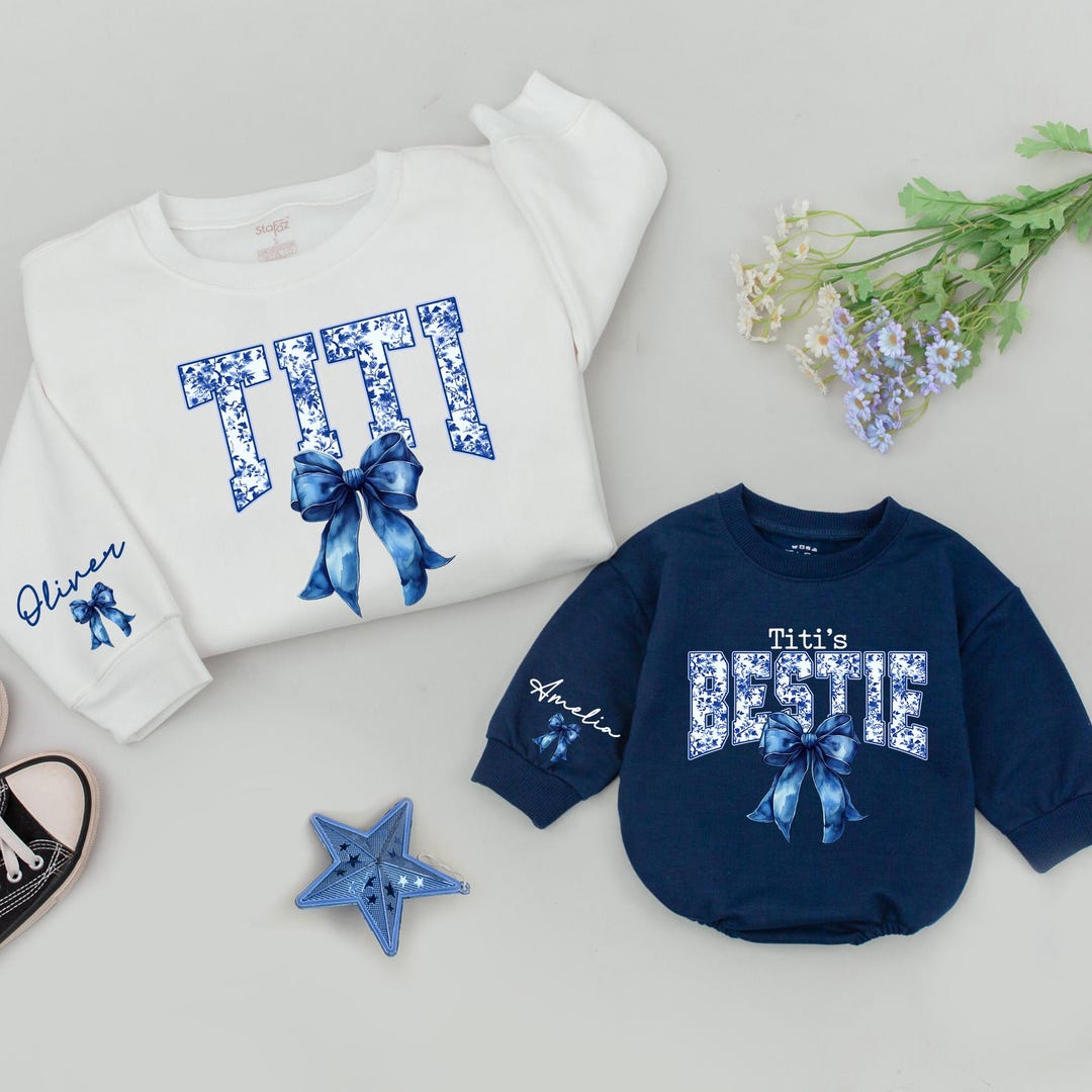 Personalized Titi and Titi's Bestie Sweatshirts, Blue Bow Chinoiserie ...