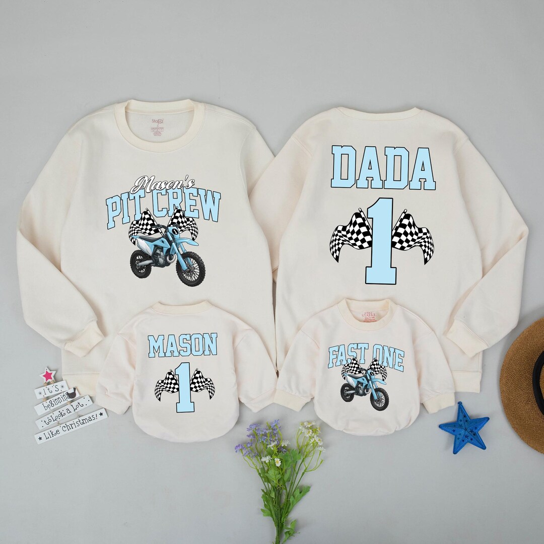 Personalized Dirt Bike Pit Crew Sweatshirt, Fast One Romper, Family ...