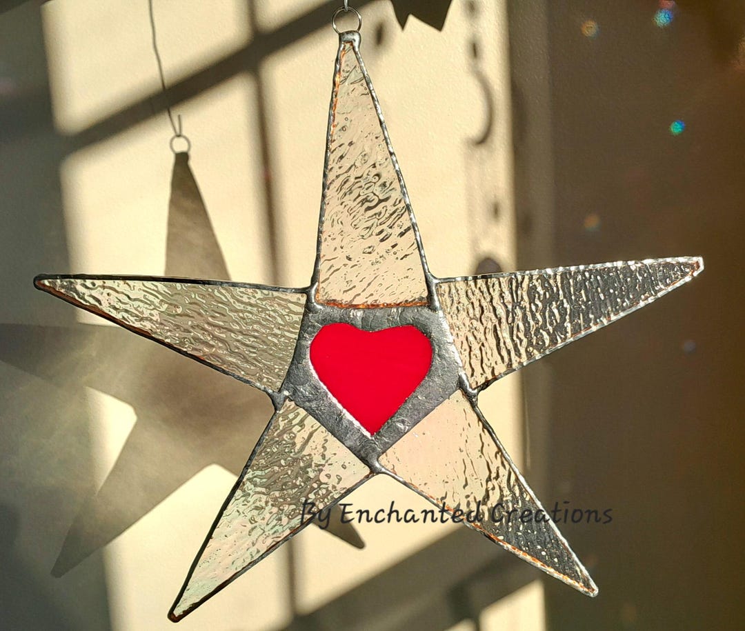11" Clear Ripped Stained Glass Star With Red Heart - Etsy