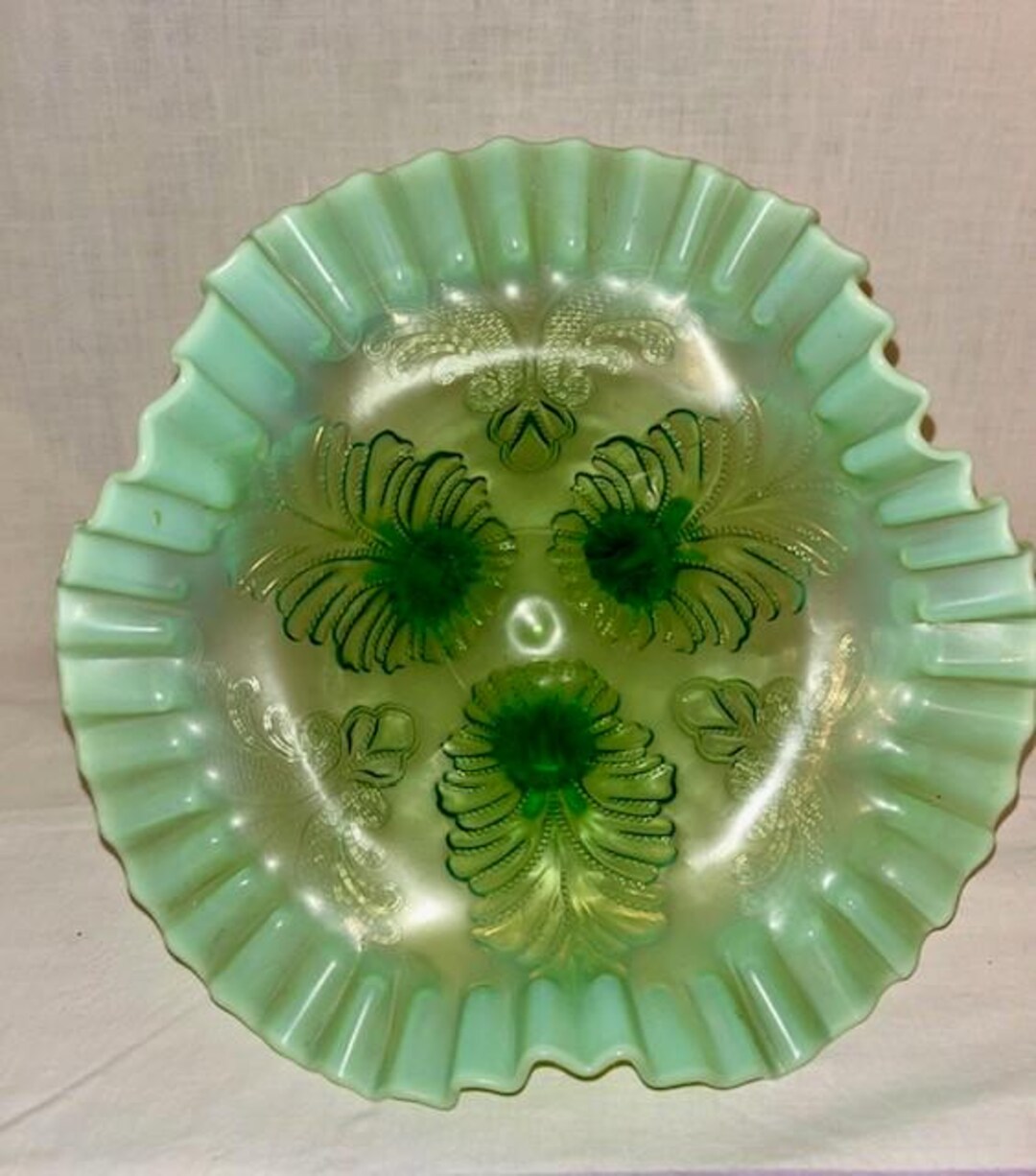 Vintage Jefferson Glass Jeweled Green Opalescent Footed Crimped Edge ...