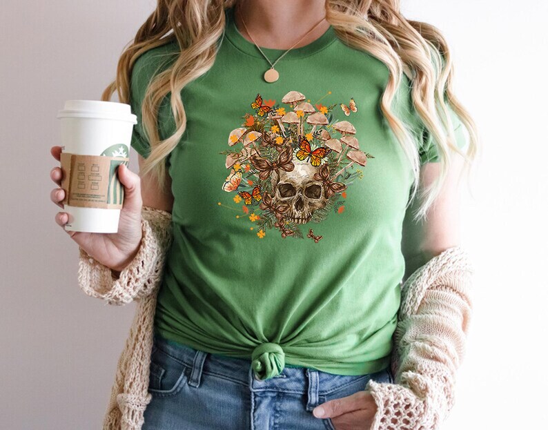 Bloom Skull Shirt, Mushroom Shirt, Halloween Shirt, Mushroom and Skull, Floral Skull Shirt ...