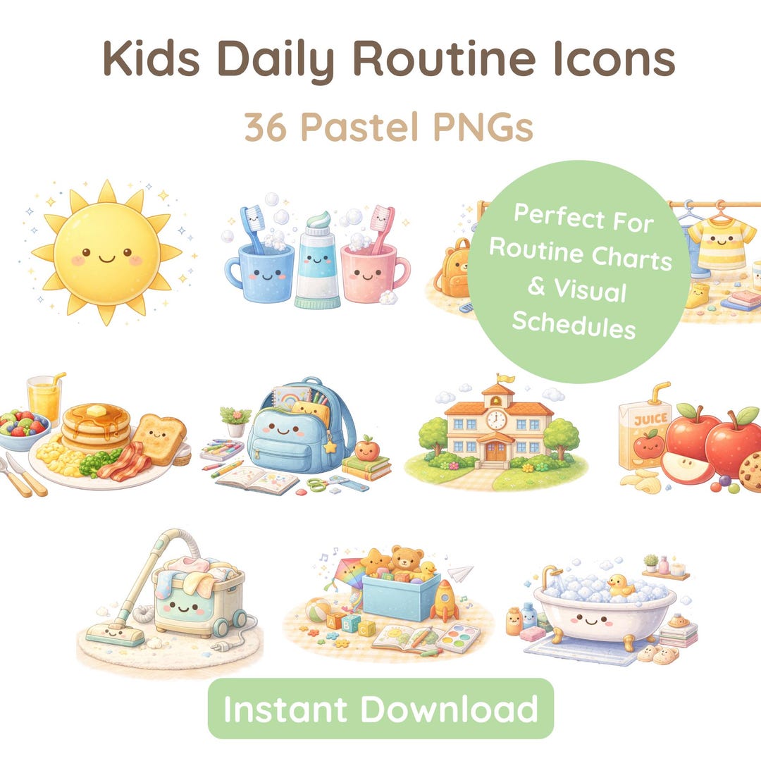 Kids Daily Routine and Chore Clipart Bundle PNG, Visual Schedule for ...