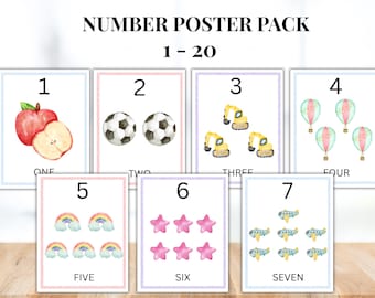 Watercolor Number Poster Set, Homeschool Decor, 1-20 Posters, Number ...
