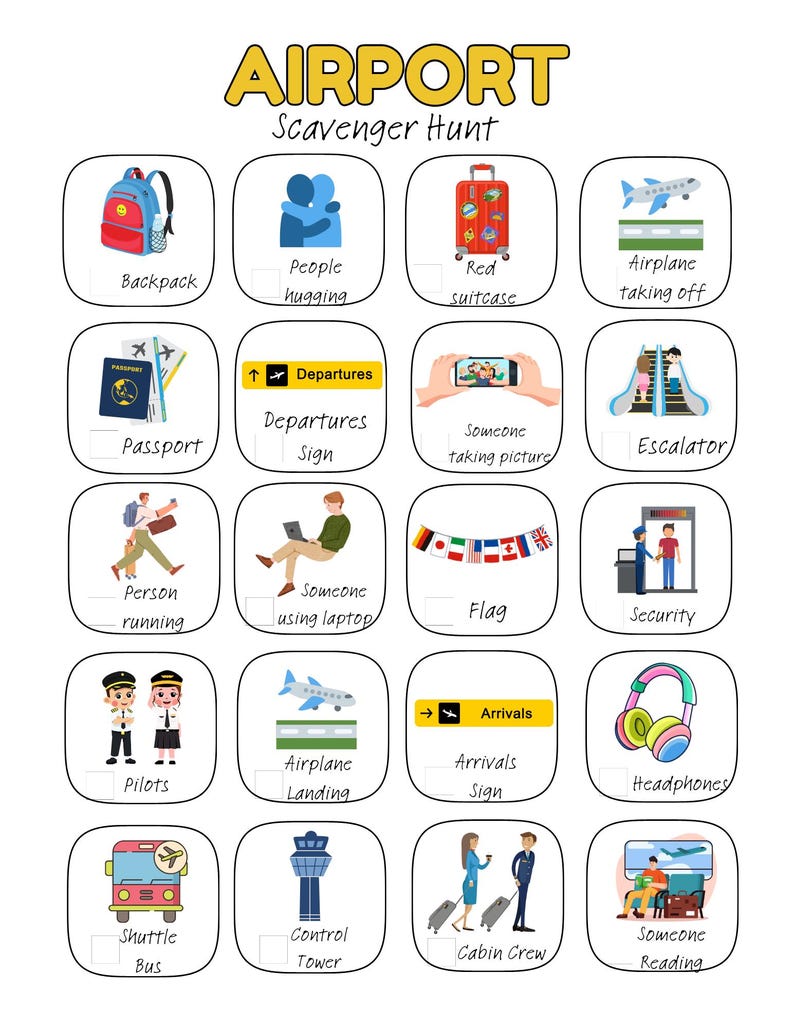 Airport Scavenger Hunt for Kids, Travel Scavenger Hunt, Printable ...