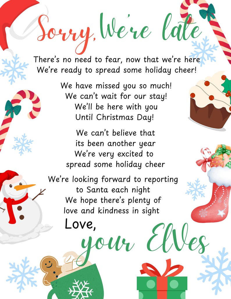 Elf Late Arrival, Elf Arrival Letter, Sorry We're Late Elf Letter, Elf ...