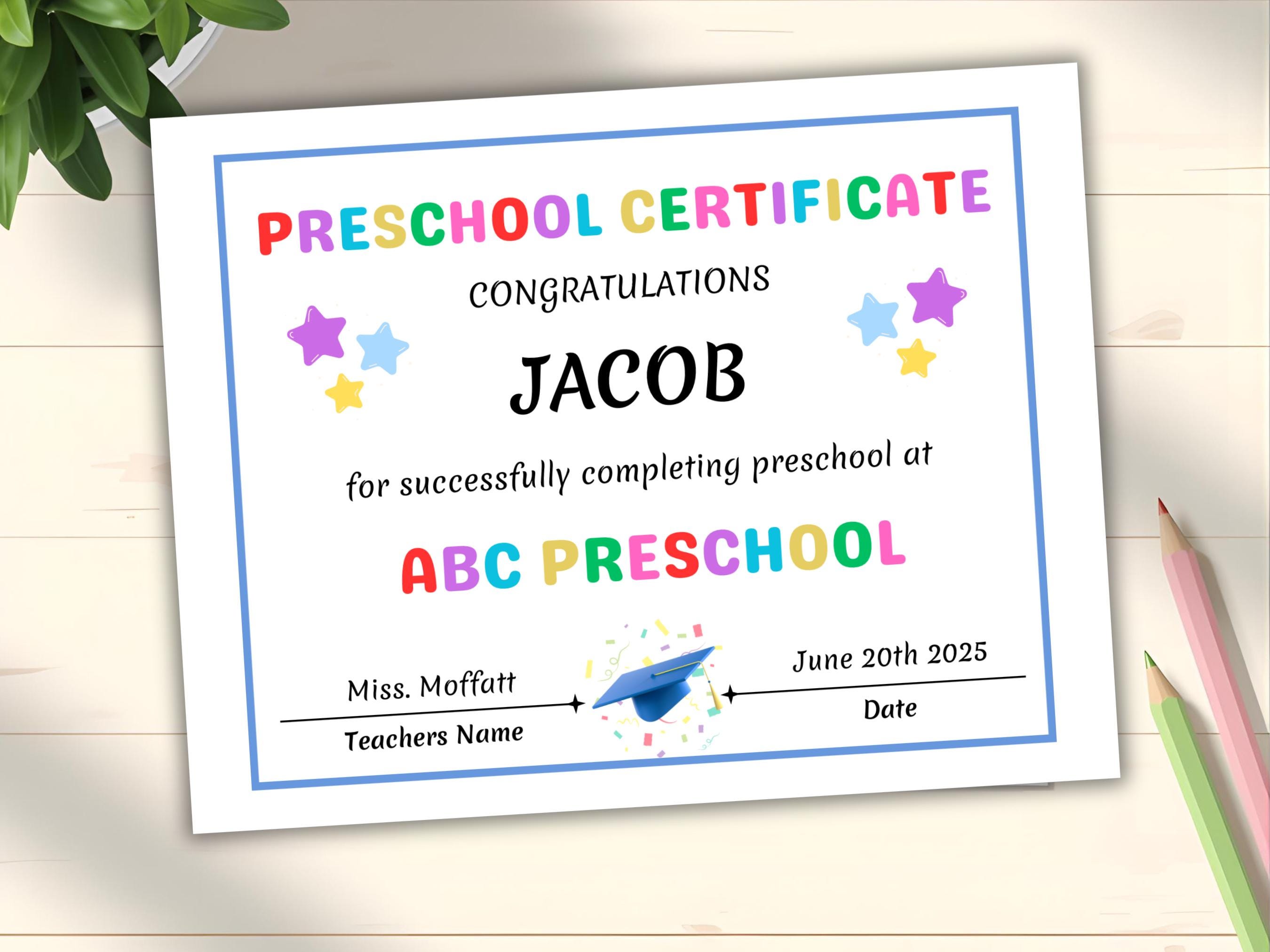 Editable Preschool Certificate, Prek Certificate, Preschool Diploma ...