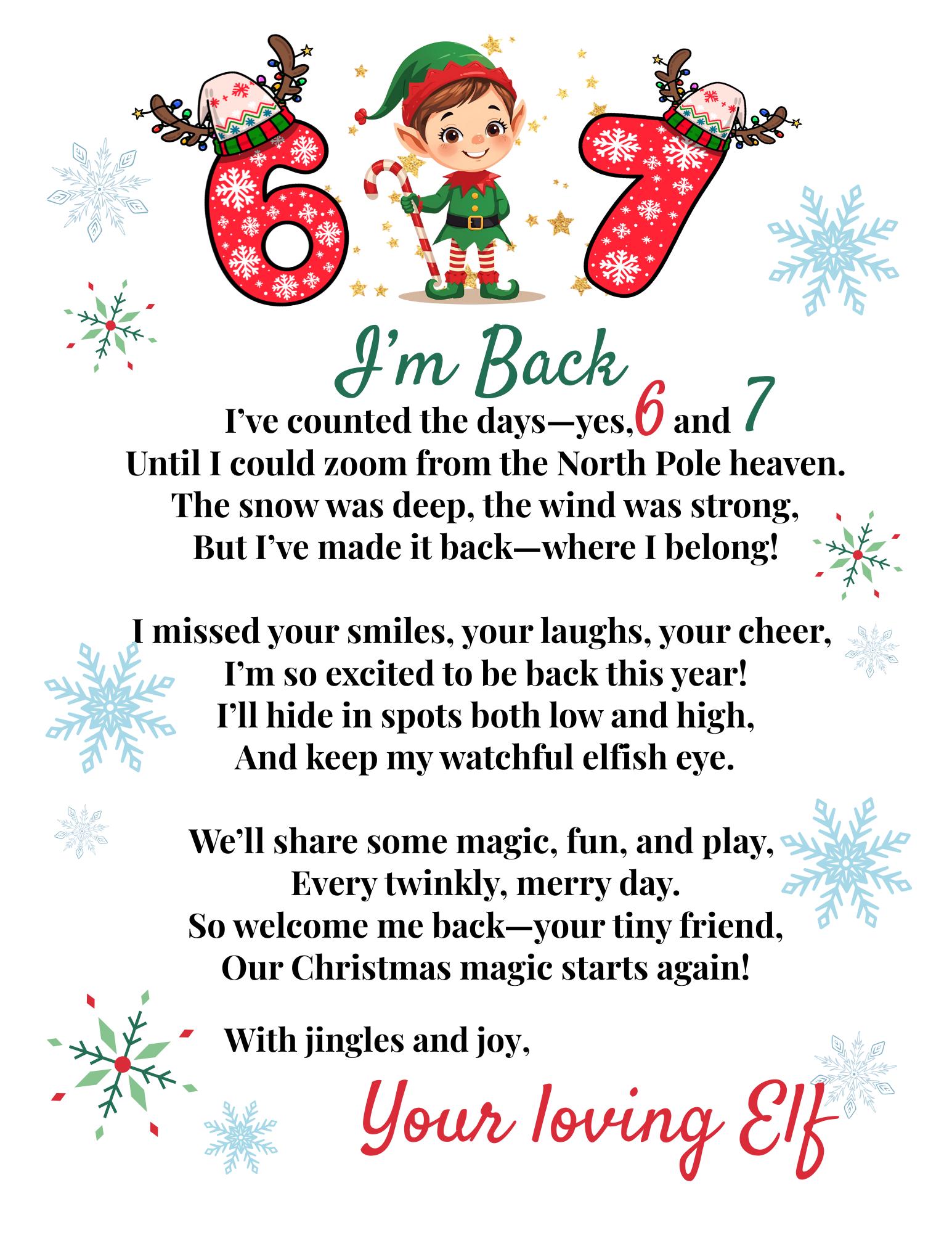 Elf Arrival 6 7 Letter, Elf 6 7 Letter, Elf Letter for 6-7, I'm Back ...
